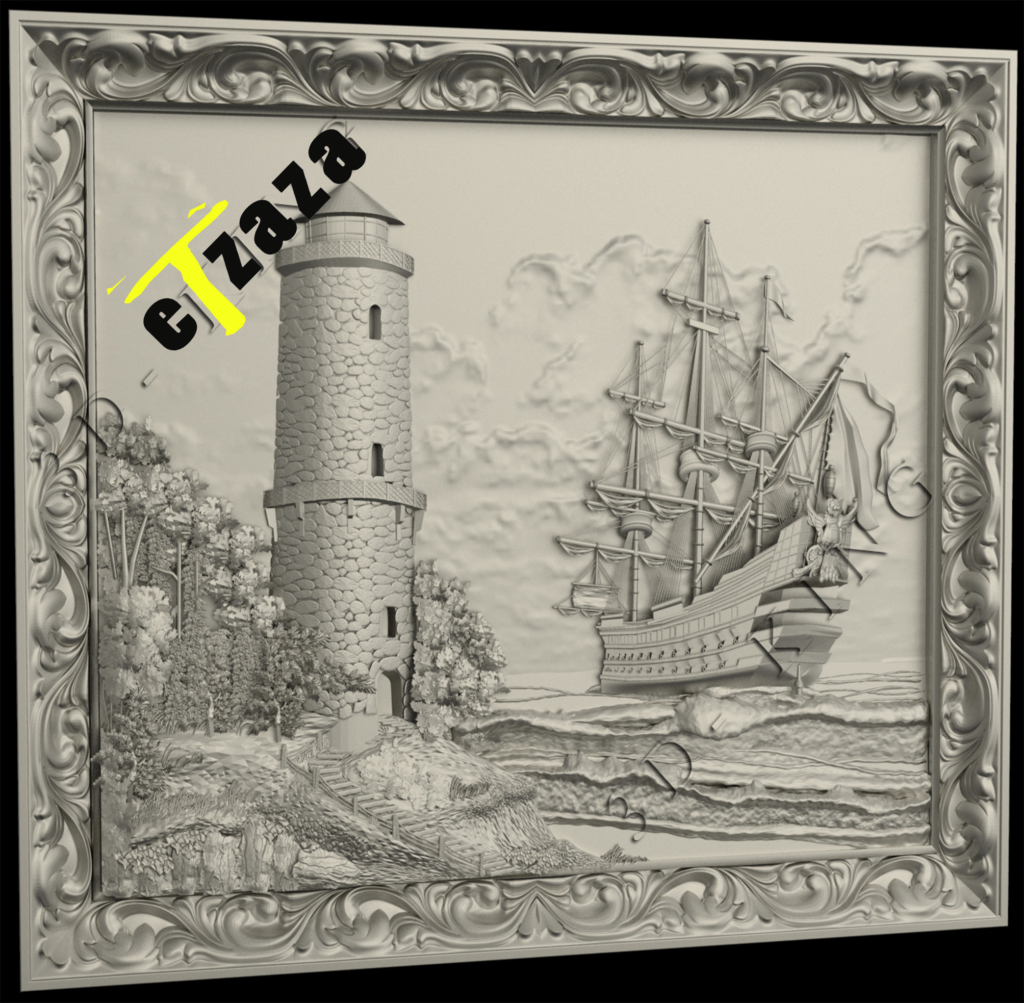 3D X STL 3D Model Panel Relief Ship & Lighthouse for CNC Router Aspire Artcam 3D Printer ...